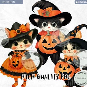Vintage Halloween Black Cat Clipart, Witch, Pumpkin, Trick or Treat ...