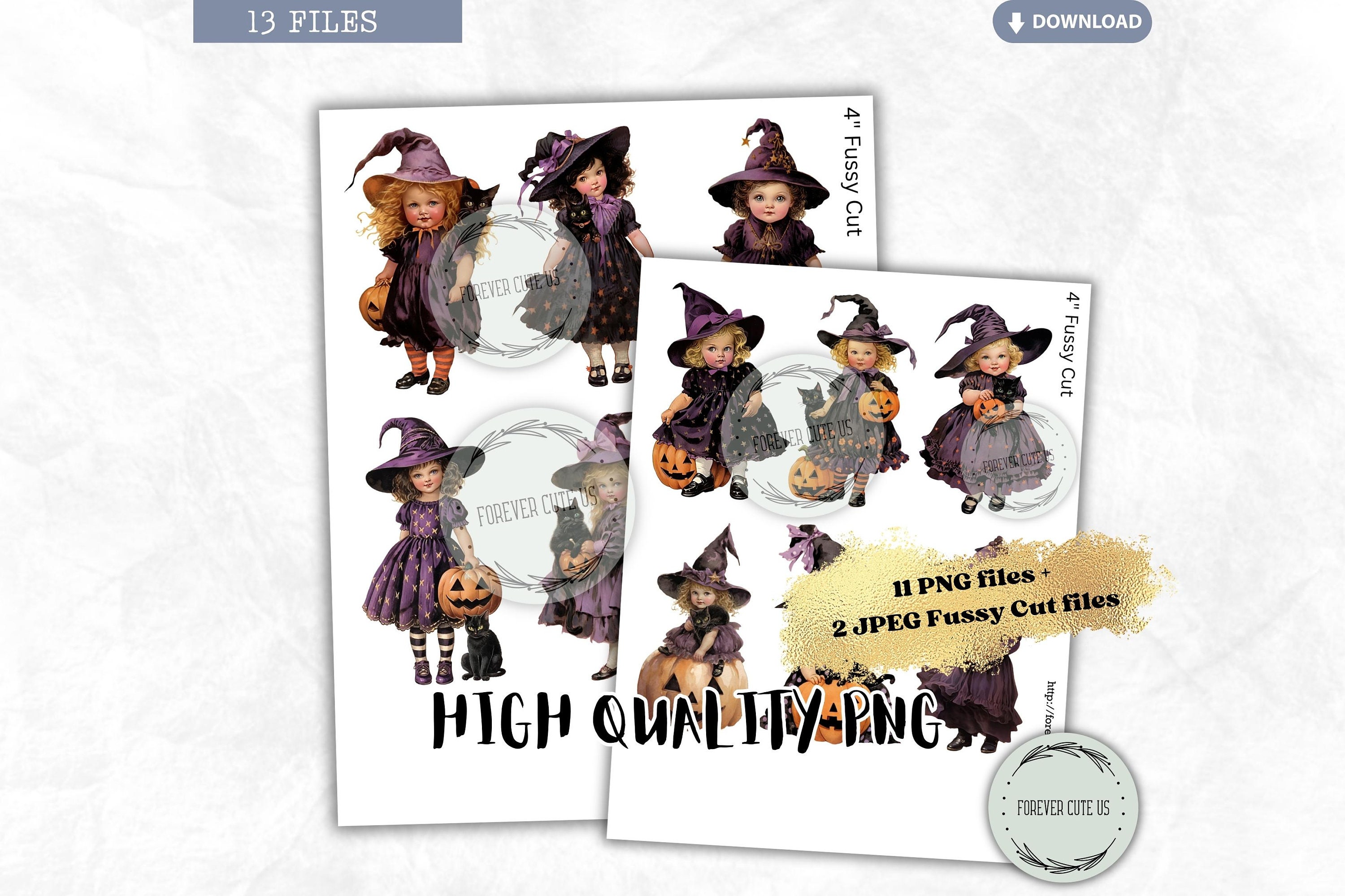 Vintage Purple Little Witch Clipart Bundle, Black Cat, Retro, Pumpkin ...