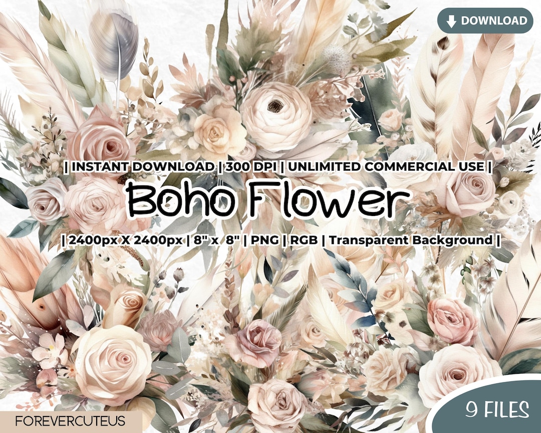 Boho Flower Clipart, Boho Floral Bouquets in PNG Format Instant ...