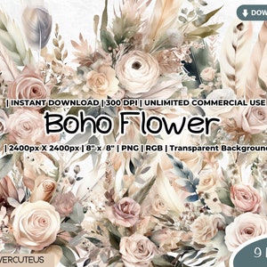 Boho Flower Clipart, Boho Floral Bouquets in PNG Format Instant ...