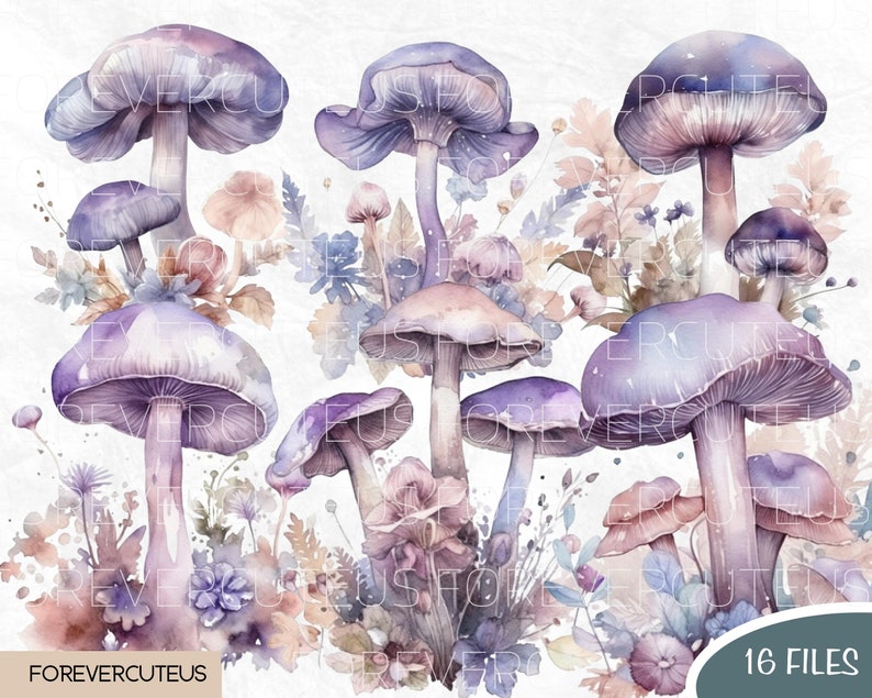 Purple Mushroom Clipart Watercolor Mushrooms Clipart Instant - Etsy