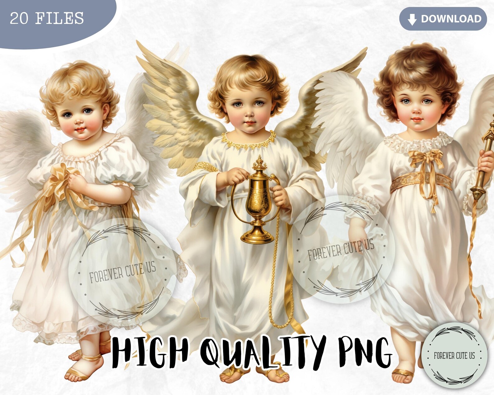 Vintage Christmas Angel Clipart Bundle, Boy, Girl, Jingle Bell ...