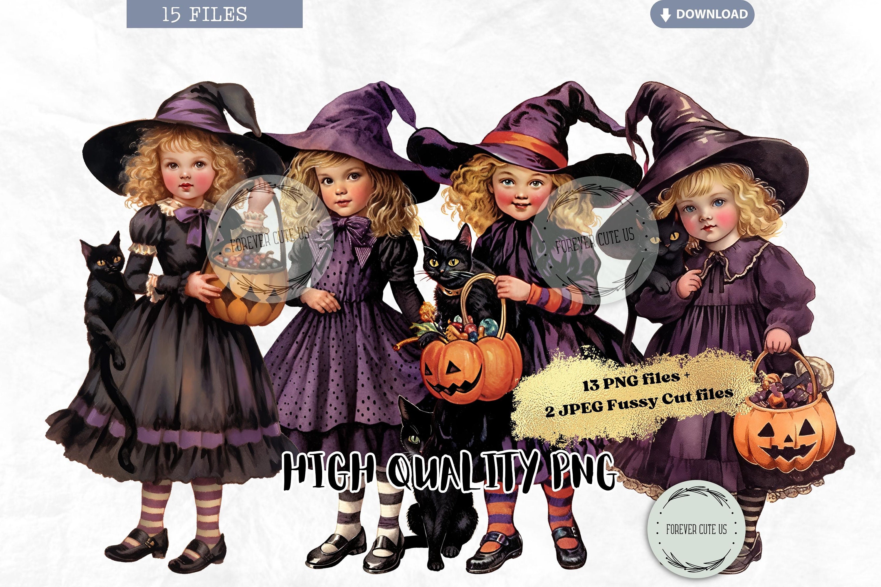 Purple Halloween Witch Clipart Bundle Black Cat Trick or - Etsy