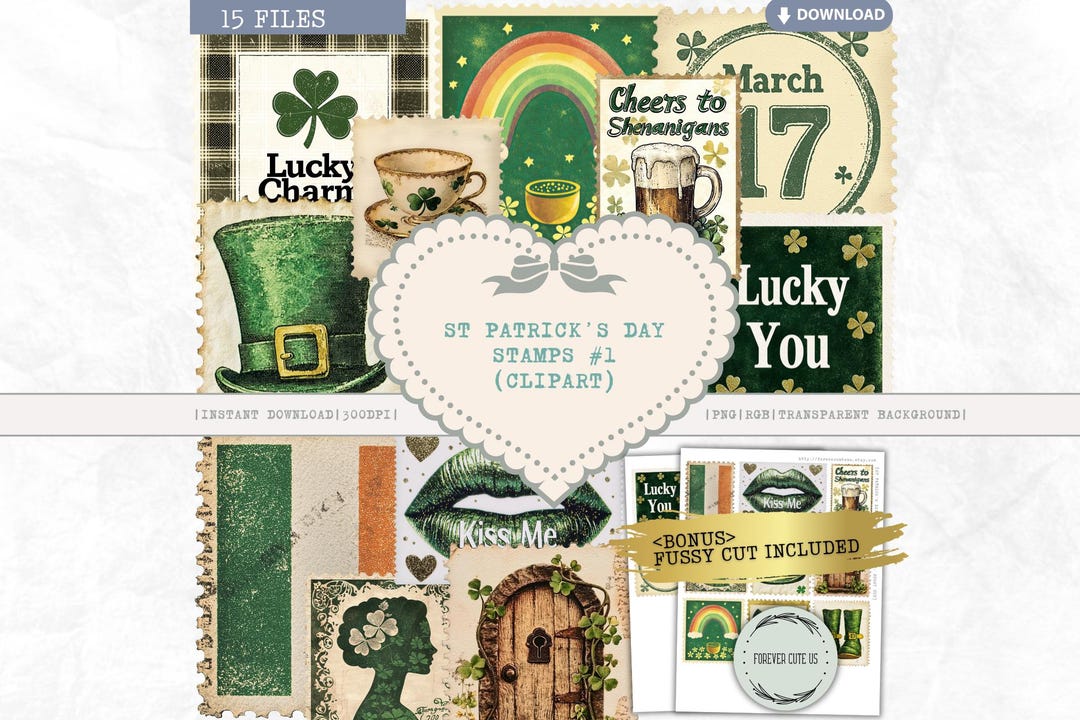 St Patrick's Day Stamps Clipart, Vintage Postage Stamps, Shamrock ...