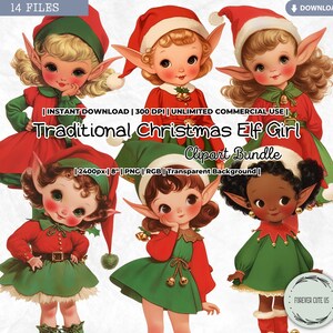 Traditional Christmas Elf Girl Clipart, Santa Helper, Classic Xmas ...