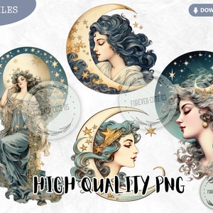 Vintage Moon Goddess Clipart, Moon Motifs, Moonlight, Star, Victorian ...