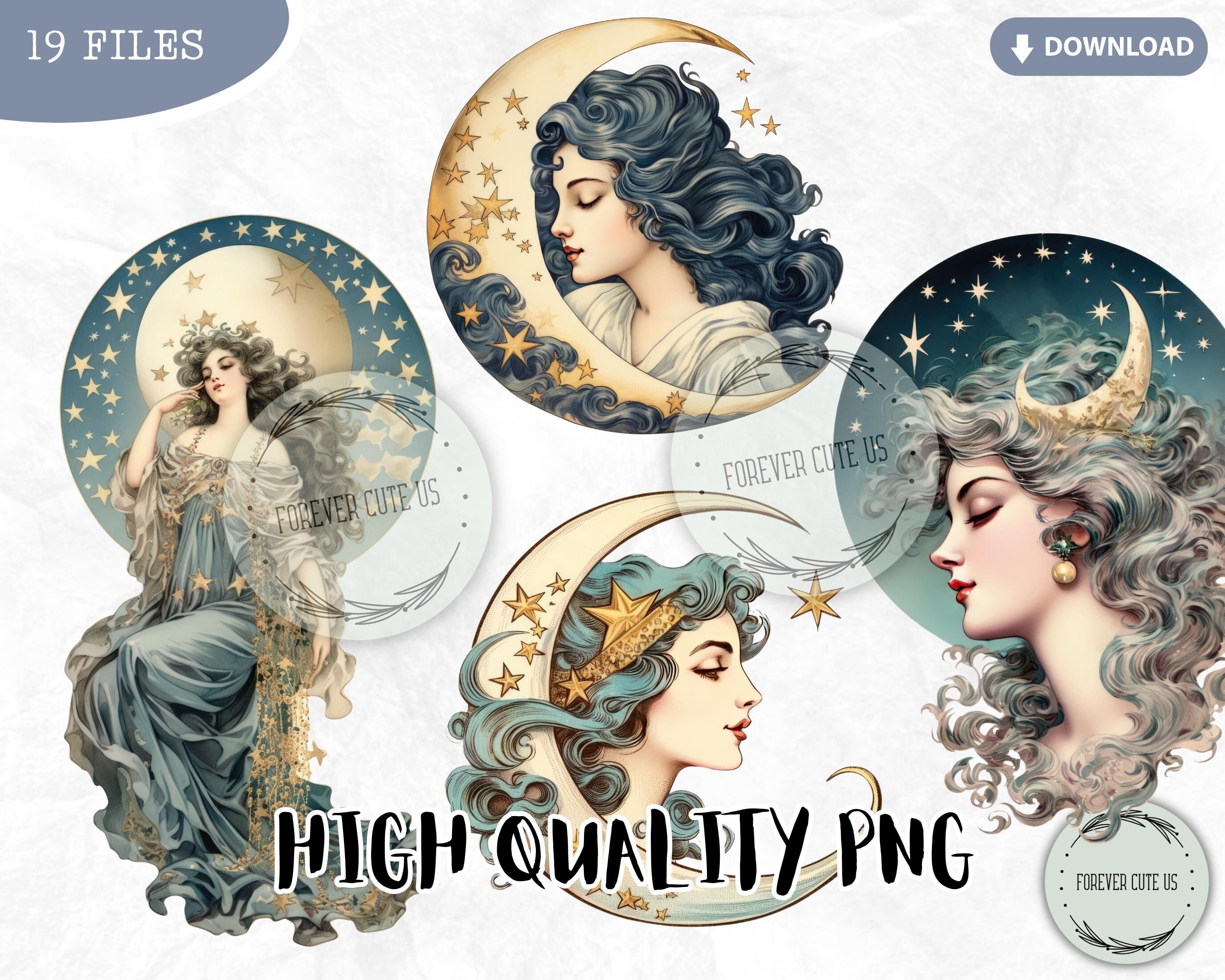Vintage Moon Goddess Clipart, Moon Motifs, Moonlight, Star, Victorian ...