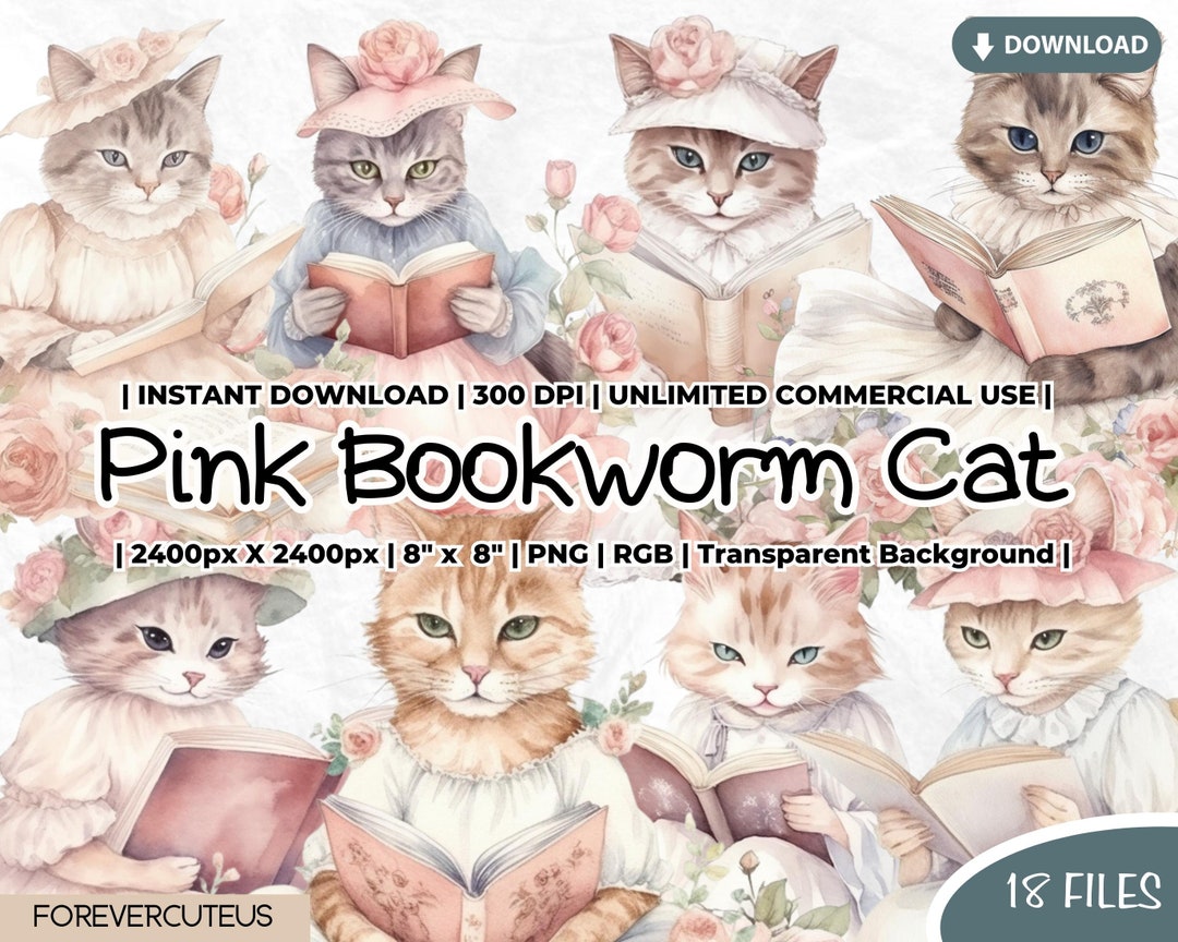Pink Bookworm Cat Clipart, Bookworm Reading Watercolor Clipart, Library ...