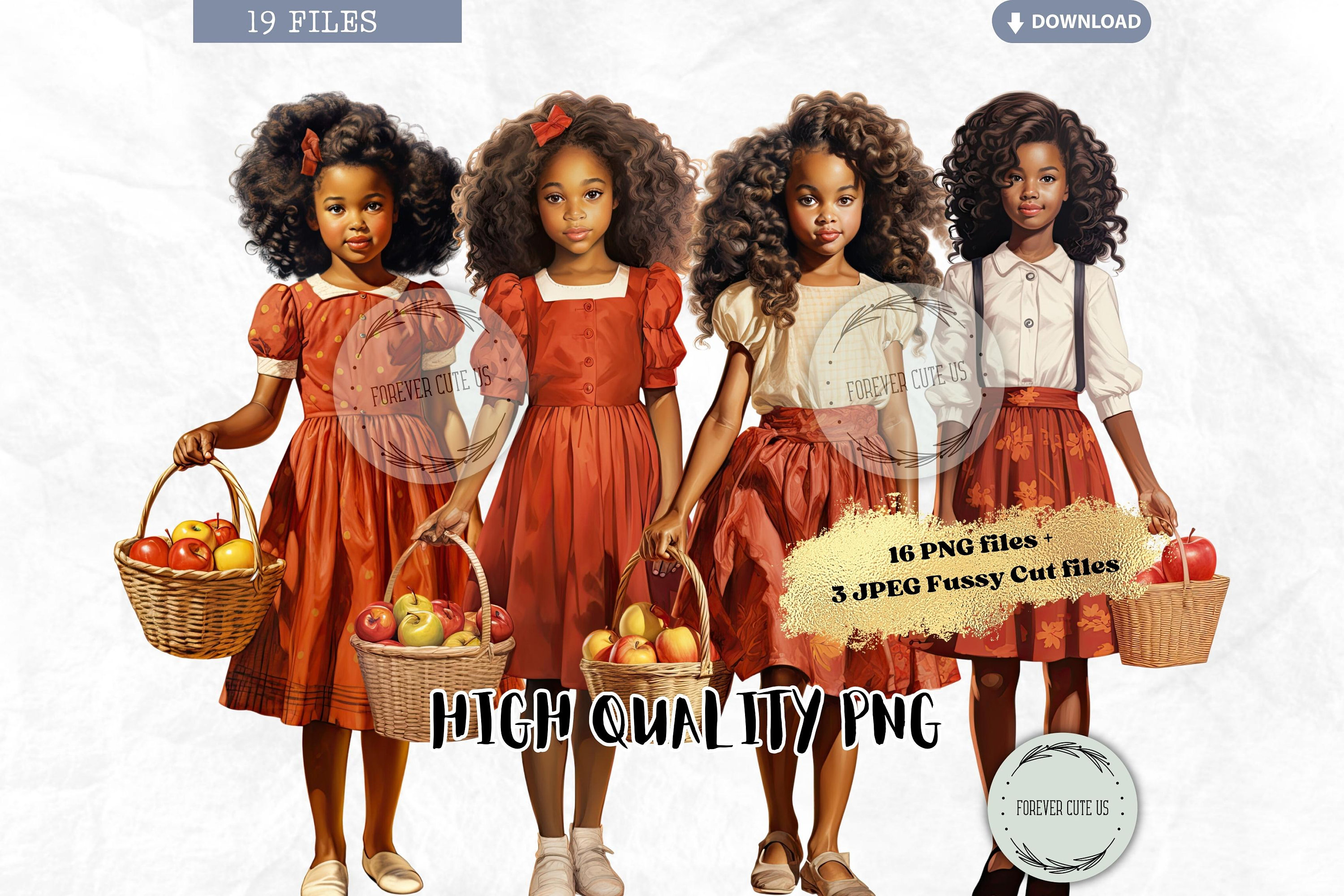 Autumn Apple Girl Clipart Set, Vintage, Retro, Fall, Harvest, Black ...