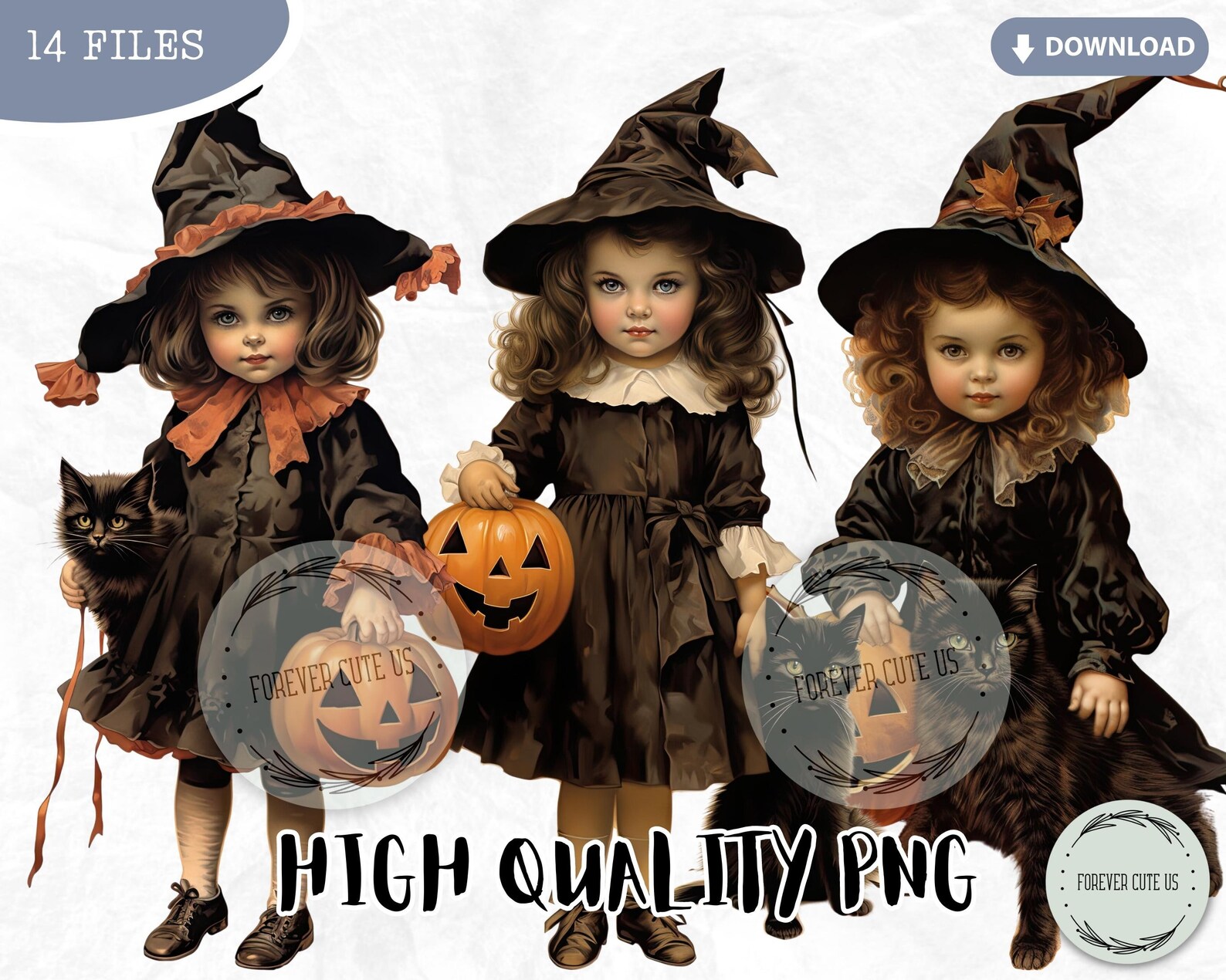 Vintage Little Witch Clipart Bundle, Black Cat, Little Girl, Pumpkin ...