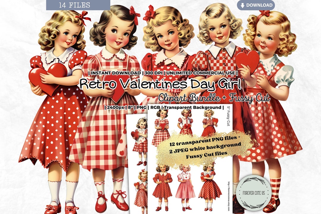 Retro Valentines Day Girl Clipart Set, Anniversary, Love, Heart ...