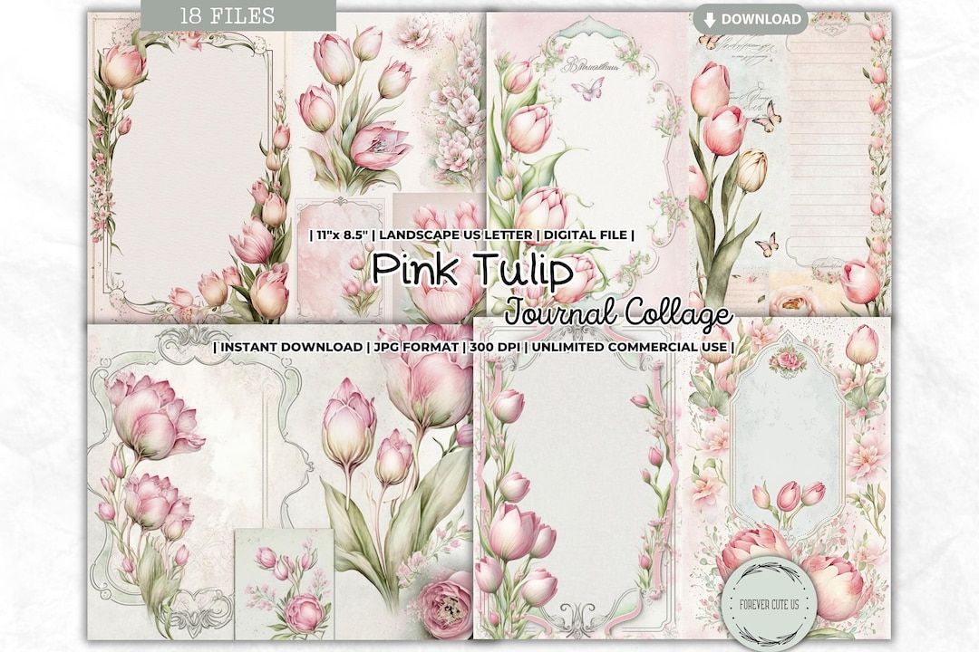 Pink Tulip Junk Journal Collage Sheet, Spring, Shabby, Flower, Easter ...