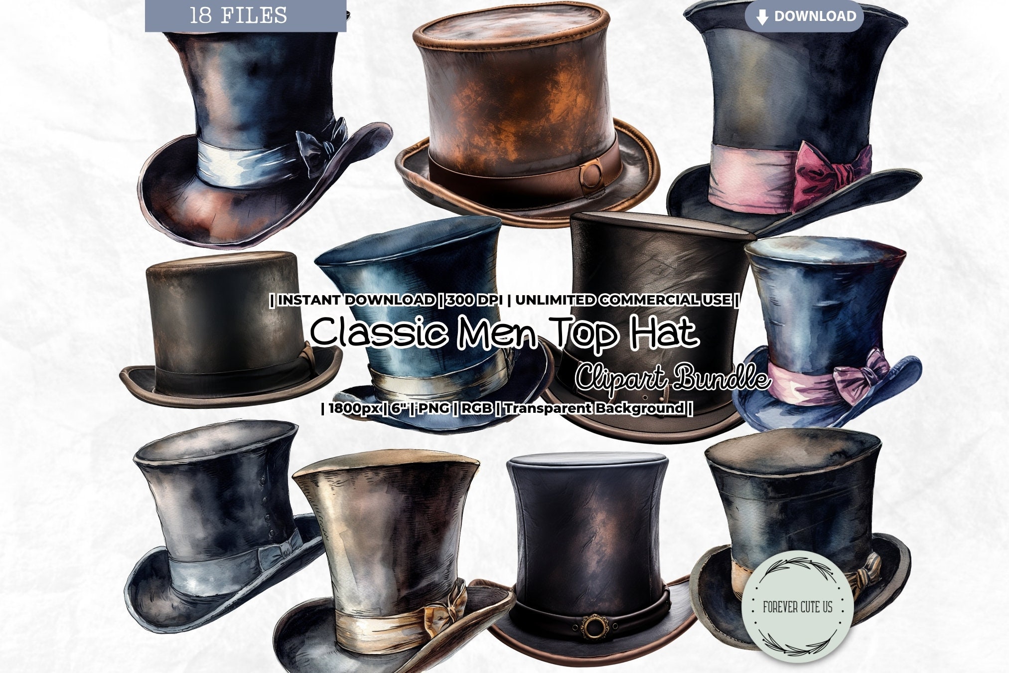 Classic Men Top Hat Clipart Bundle, Vintage, Gentleman, Paper Doll ...