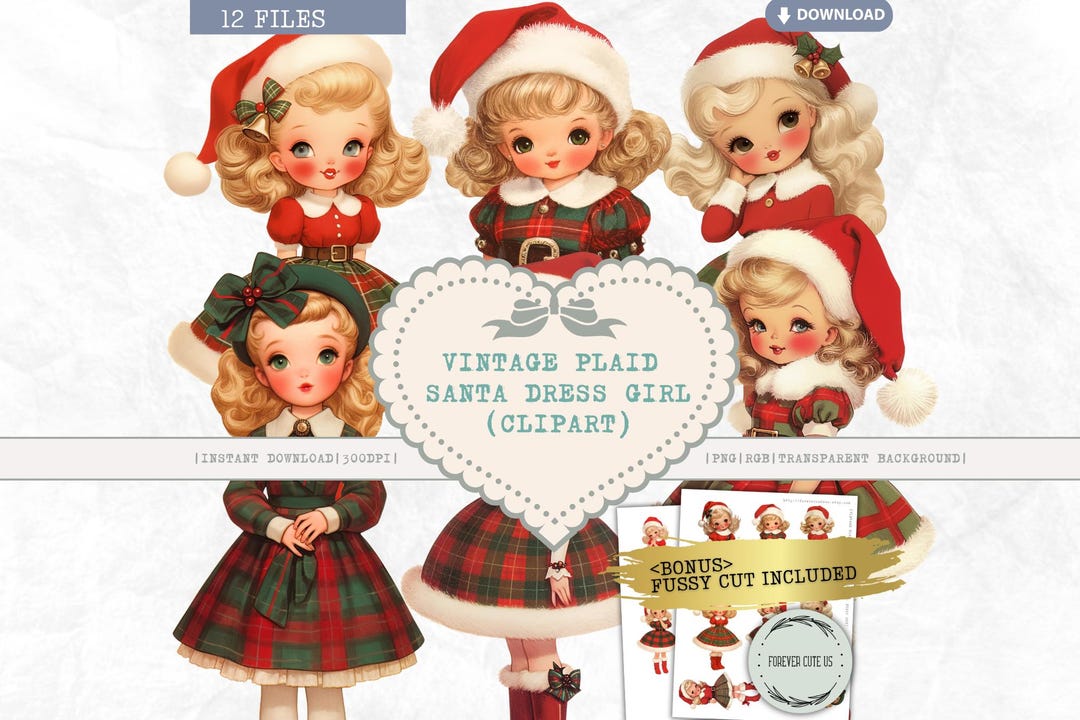 Vintage Plaid Santa Dress Girl Clipart, Red Green Woodland Christmas ...