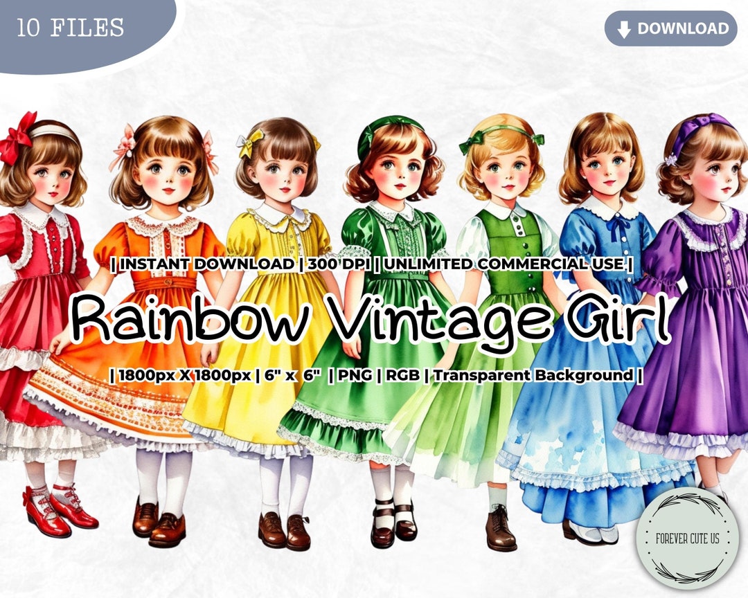 Rainbow Vintage Little Girl Clipart, Watercolor, Cute, PNG Digital ...