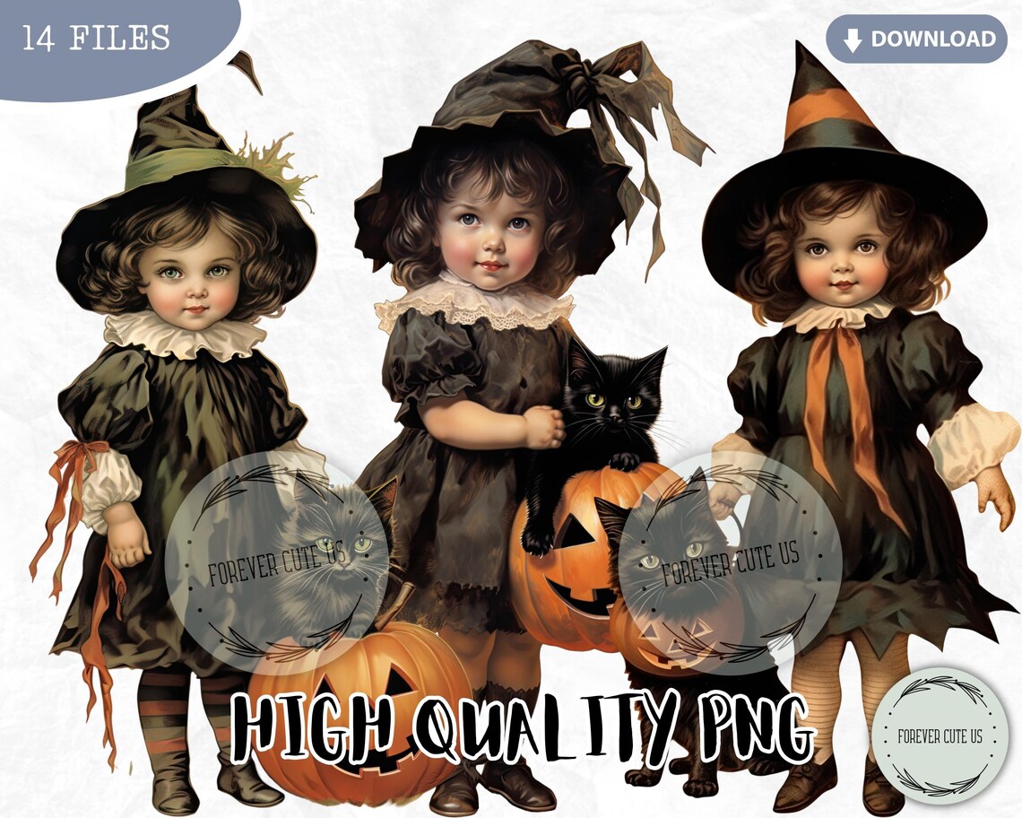 Vintage Little Witch Clipart Bundle Black Cat Little Girl - Etsy