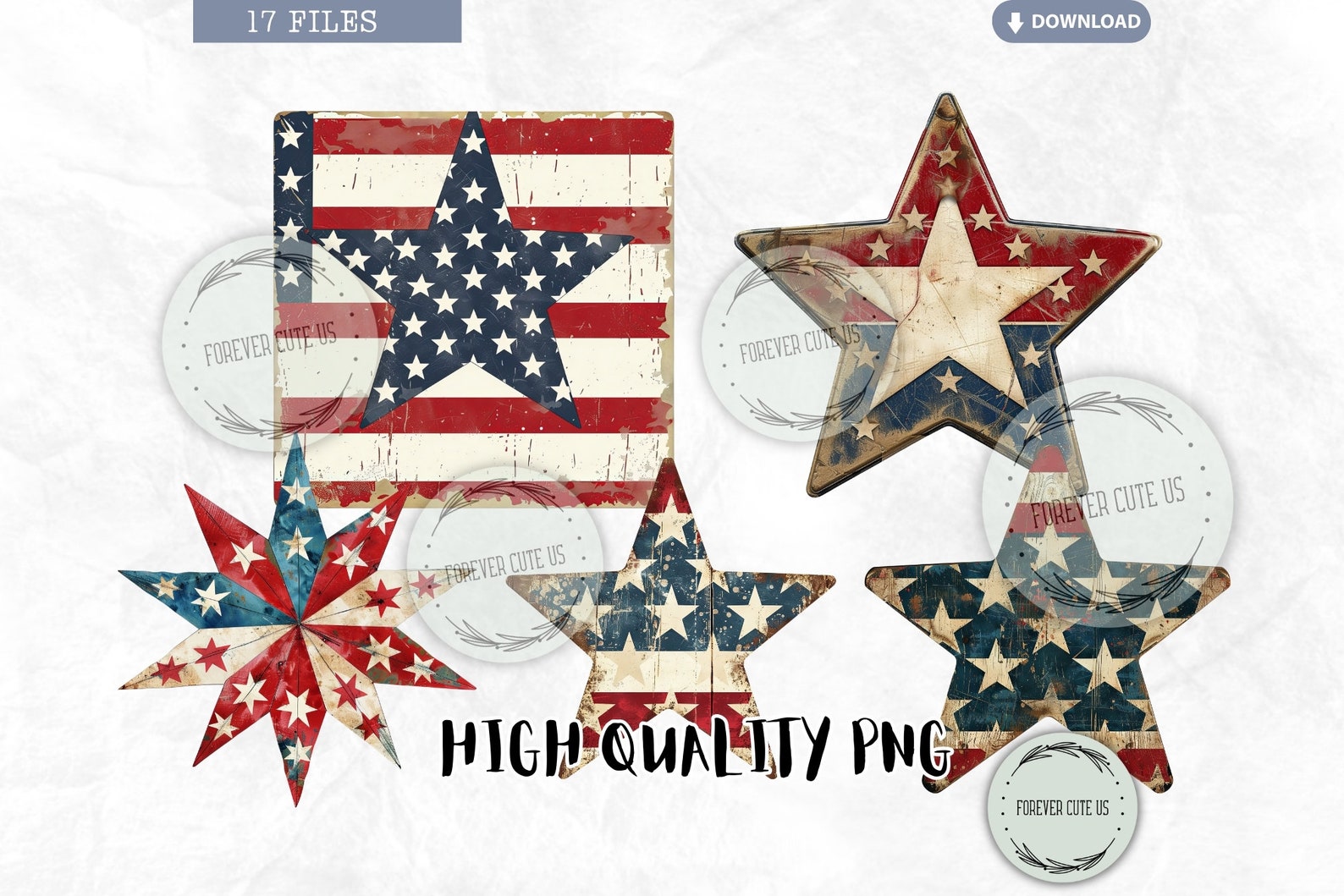 Patriotic Stars Clipart, Retro, Vintage, Distressed 4th of July, Blue ...