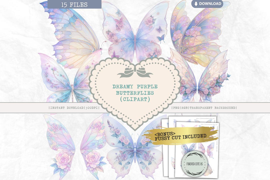 Dreamy Purple Butterflies Clipart, Pastel Floral Wing, Whimsical ...