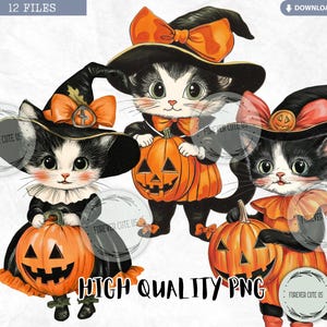 Vintage Halloween Black Cat Clipart, Witch, Pumpkin, Trick or Treat ...
