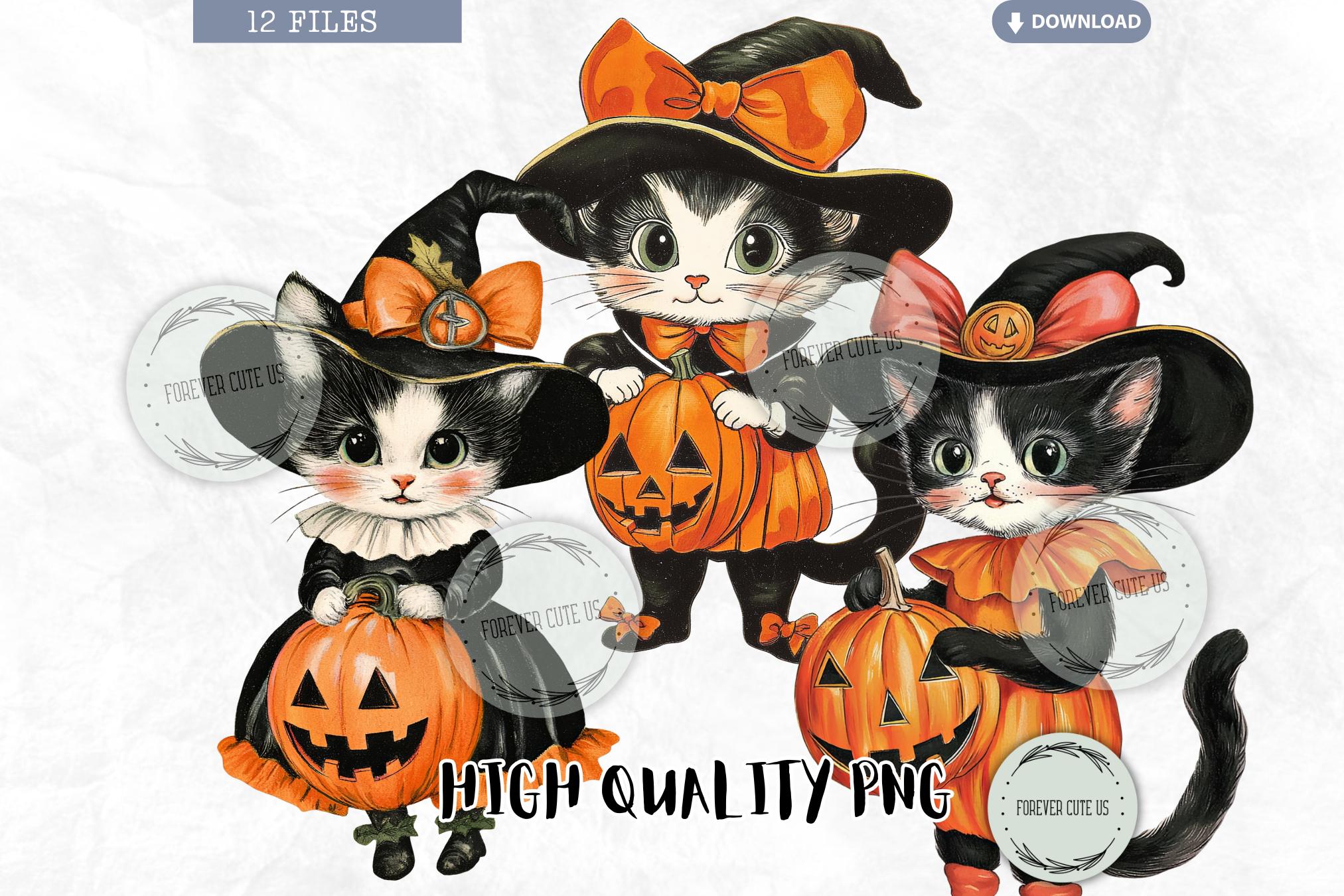 Vintage Halloween Black Cat Clipart, Witch, Pumpkin, Trick or Treat ...