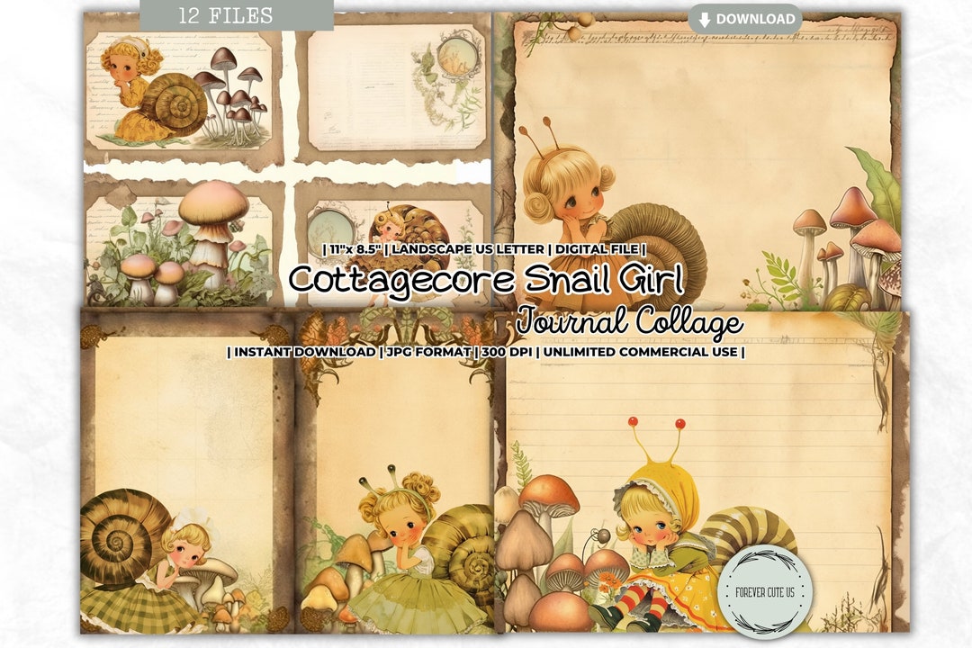 Cottagecore Snail Girl Junk Journal Collage Sheet, Mushroom, Garden ...
