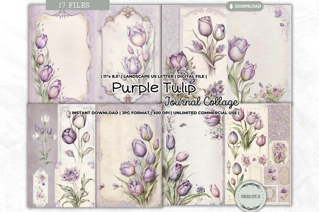 Purple Tulip Junk Journal Collage Sheet, Spring, Shabby, Flower, Easter ...