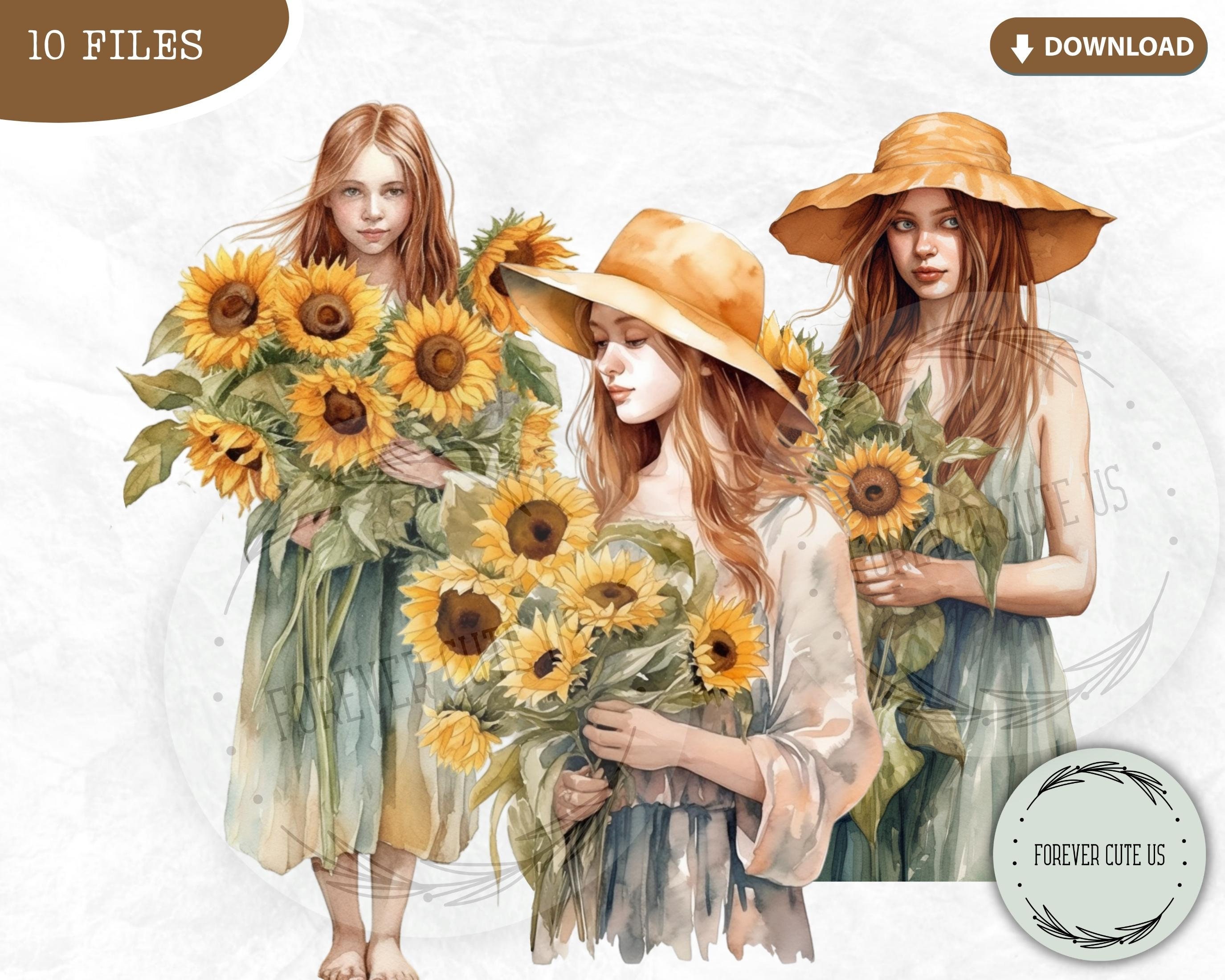 Sunflower Cottagecore Clipart, Harvest, Girl, Summer Fall Florals, PNG ...