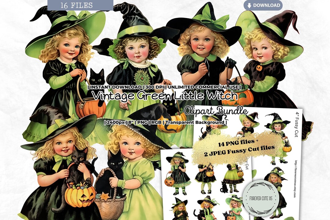 Vintage Green Little Witch Clipart Set, Black Cat, Retro, Pumpkin ...