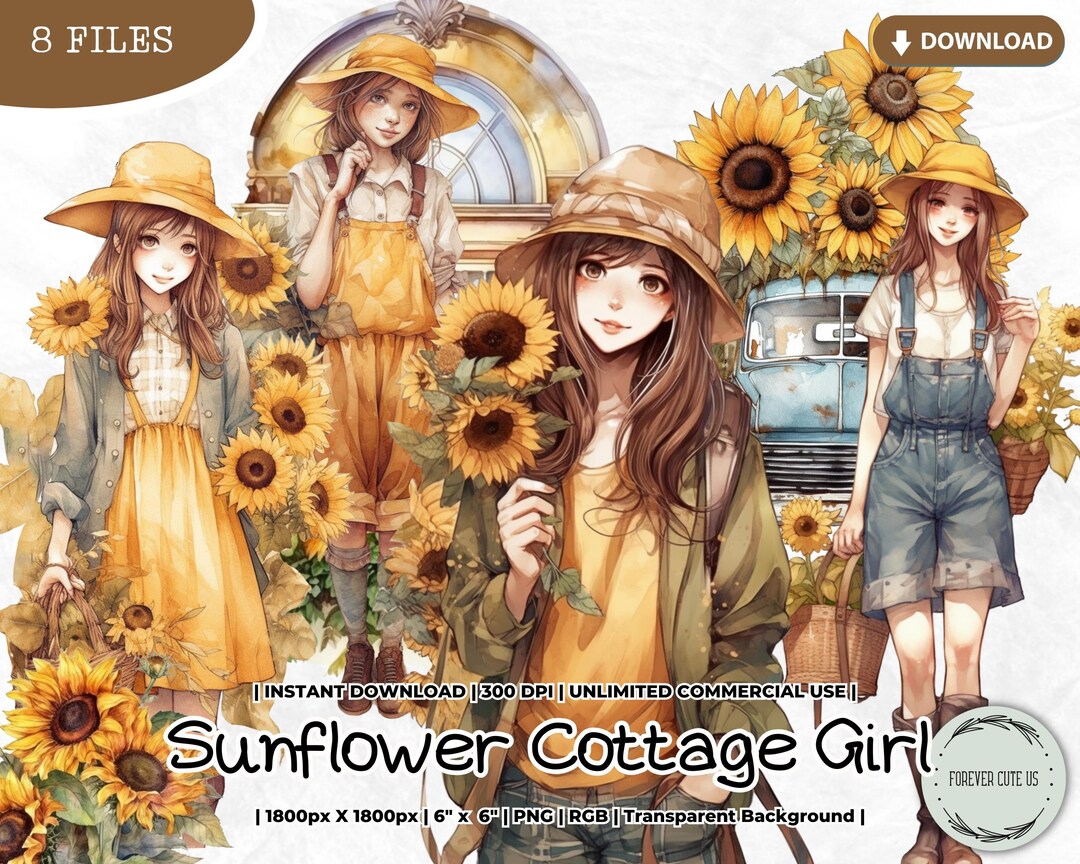 Sunflower Cottage Girl Clipart, Cottagecore, Summer Fall Florals, PNG ...
