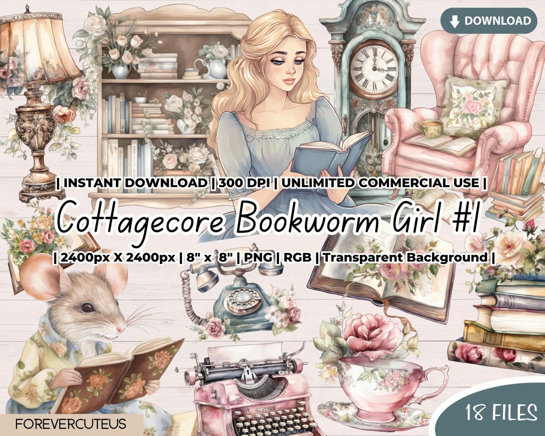 Cottagecore Bookworm Girl Clipart, Bookworm Reading Watercolor Clipart ...
