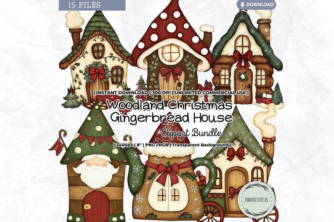 Woodland Christmas Gingerbread House Clipart, Fairytale Cottage ...