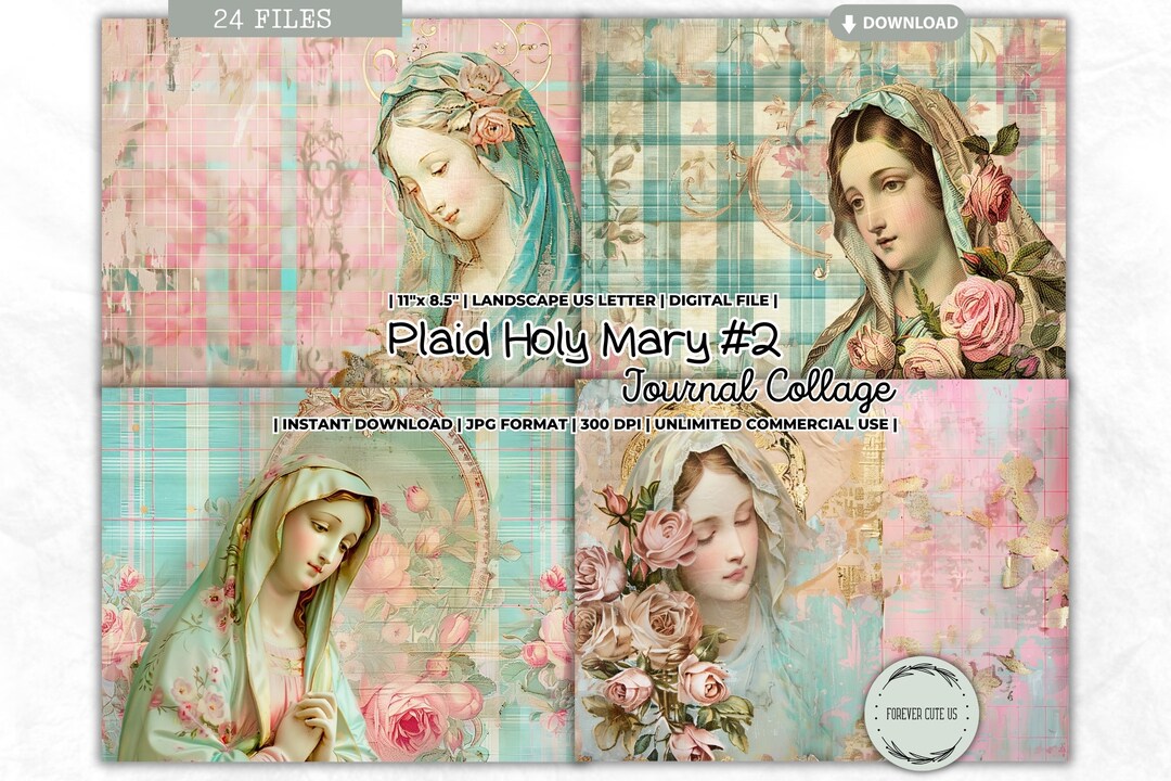 Plaid Holy Mary Journal Collage Sheet, Pastel Pink Blue, Mother Mary ...