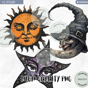 Halloween Celestial Clipart, Moon, Sun, Witch, Black Cat, Crescent ...