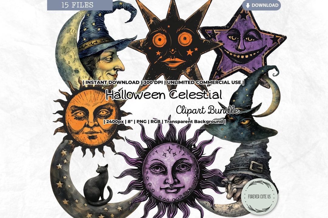 Halloween Celestial Clipart, Moon, Sun, Witch, Black Cat, Crescent ...