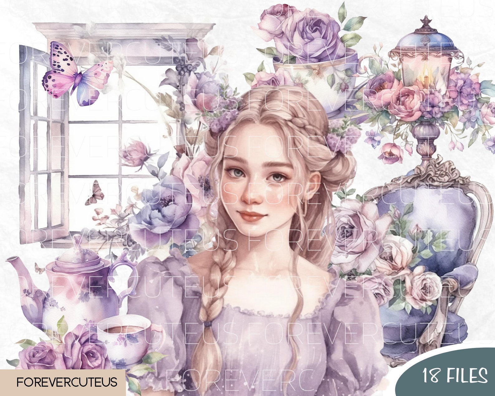 Purple Cottagecore Clipart Bookworm Reading Clipart Garden - Etsy