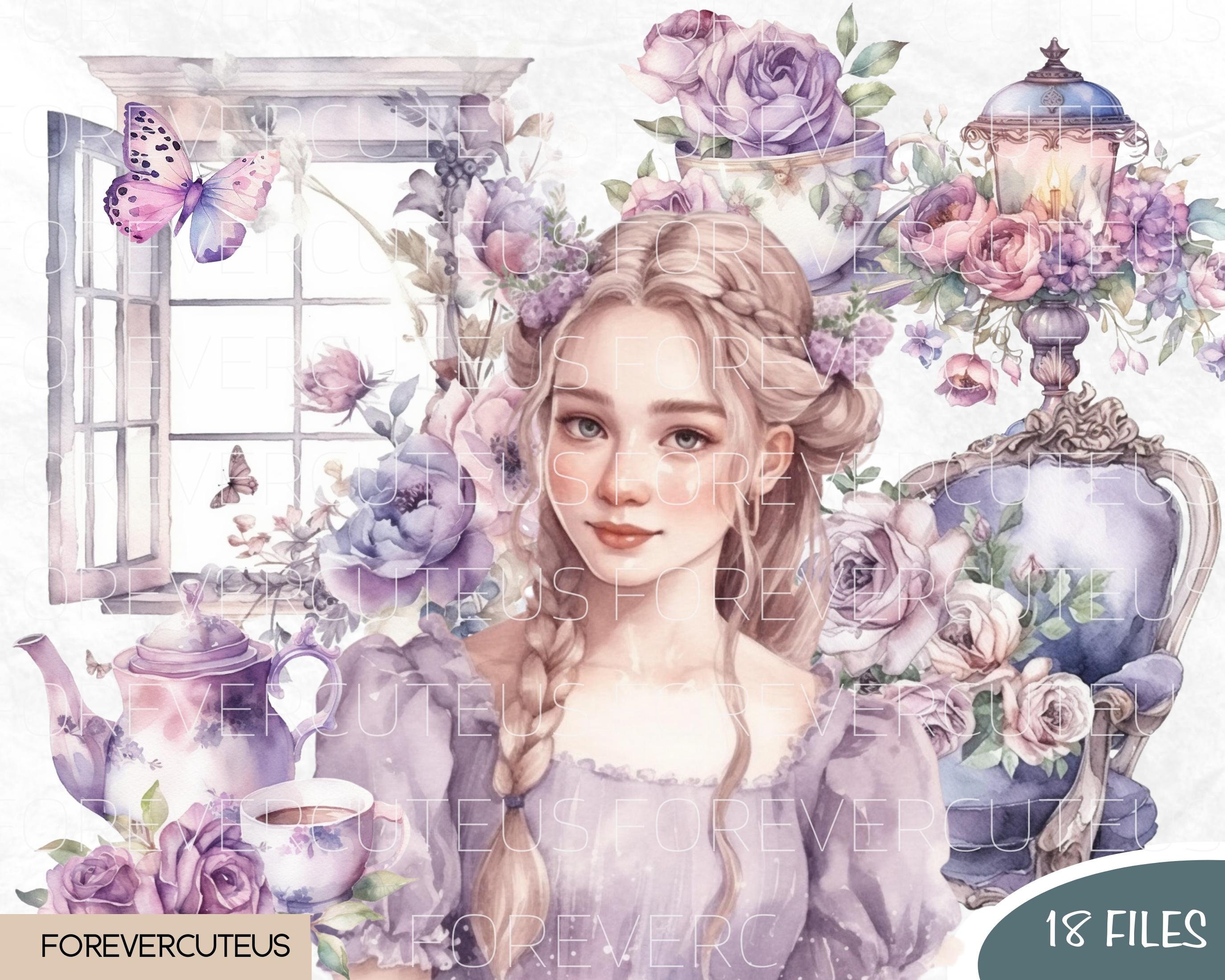 Purple Cottagecore Clipart Bookworm Reading Clipart Garden - Etsy