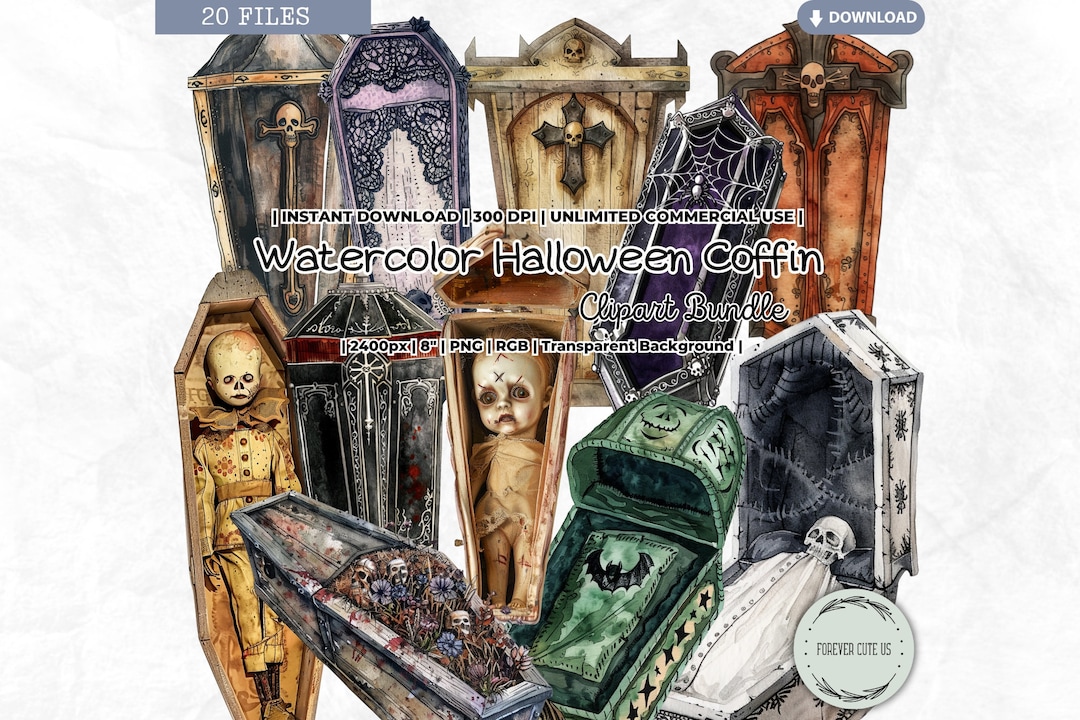 Watercolor Halloween Coffin Clipart Bundle, Corpse, Death, Funeral ...