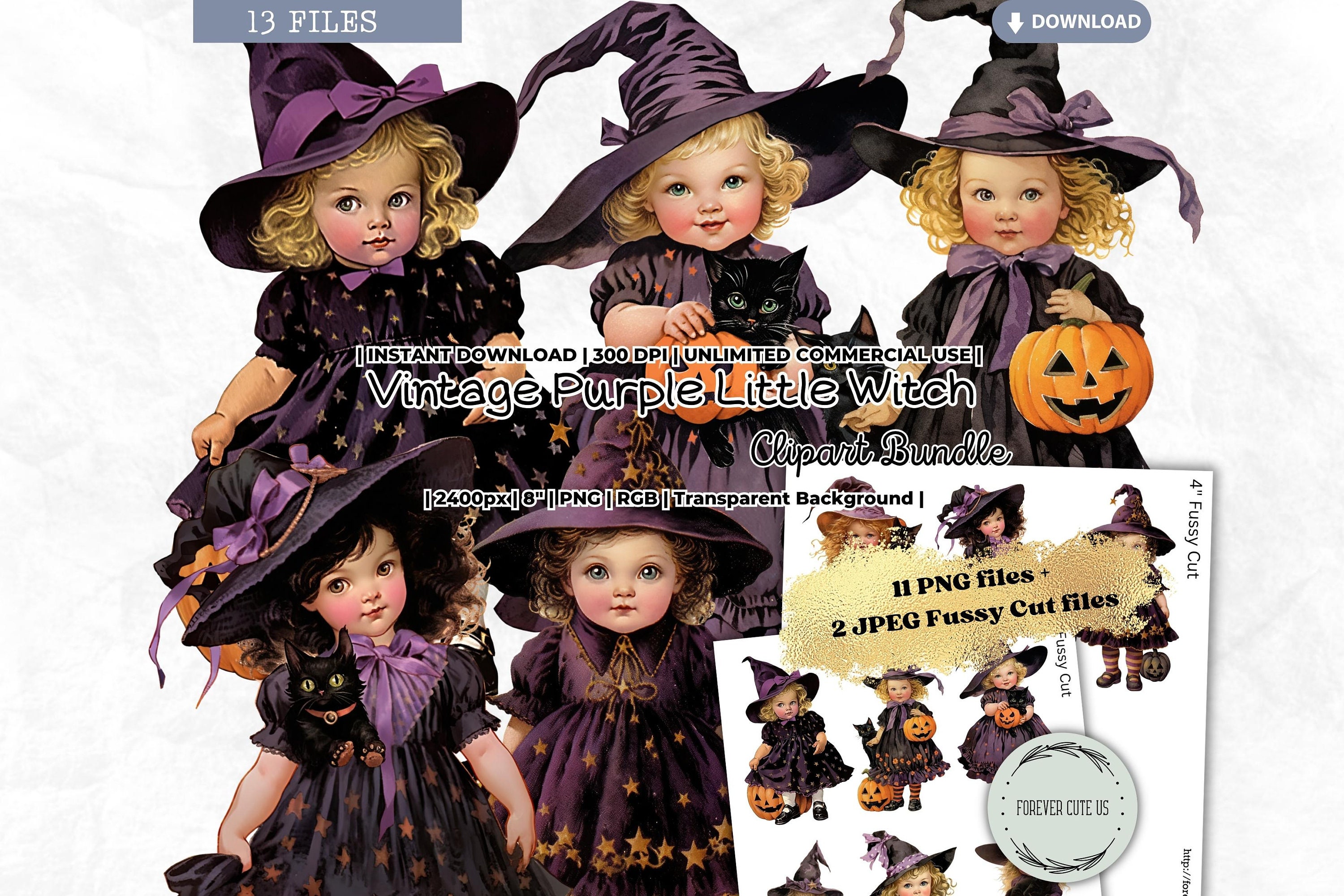 Vintage Purple Little Witch Clipart Bundle Black Cat Retro - Etsy