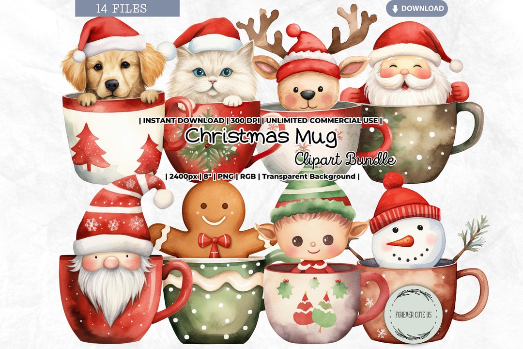 Christmas Mug Clipart Bundle, Snowman, Santa, Gnome, Gingerbread Man ...
