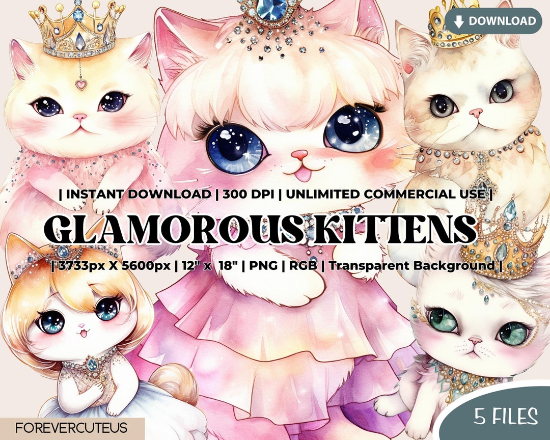 Glamorous Kittens Watercolor Clipart, Funny Cat Clipart, Fashion ...
