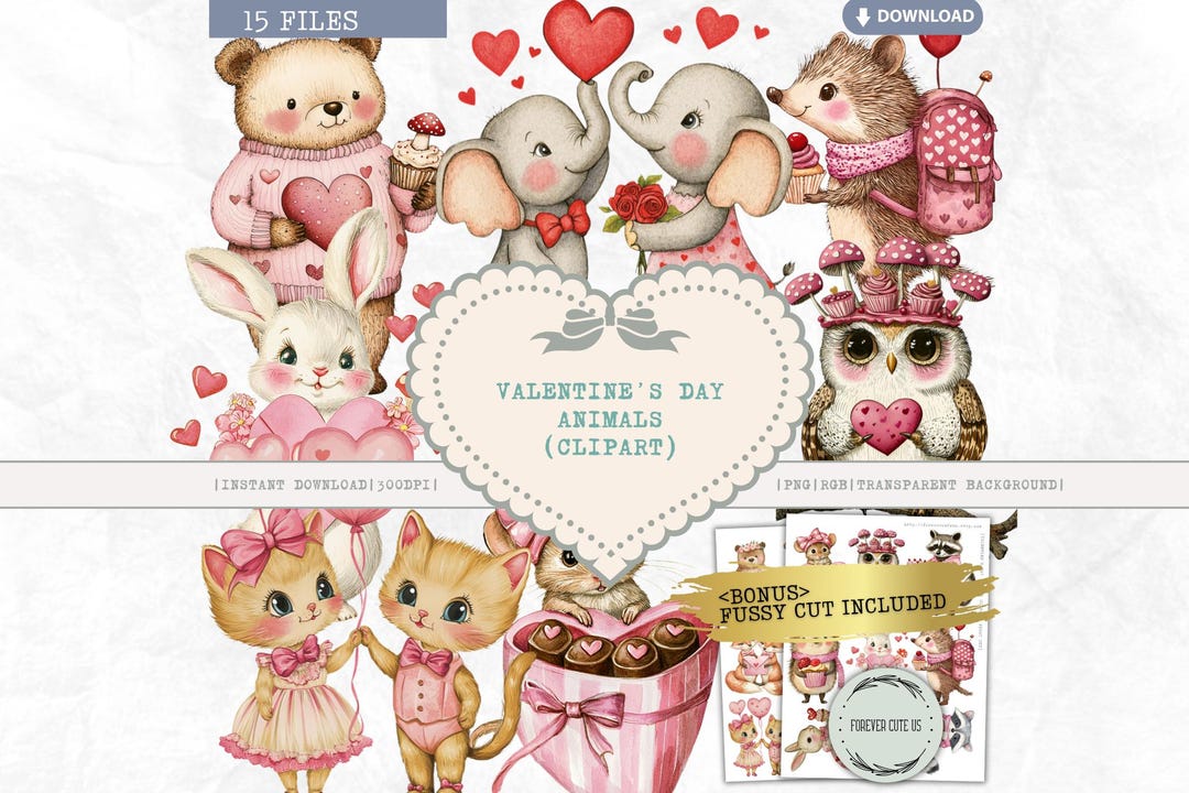 Valentine's Day Animals Clipart, Vintage, Hearts, Couple, Woodland ...