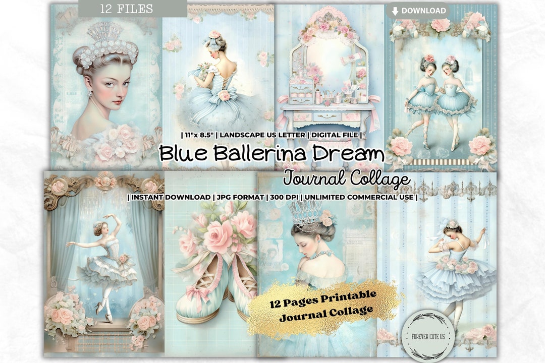 Blue Ballerina Dream Junk Journal Collage Sheet, Ballet, Dance, Swan ...