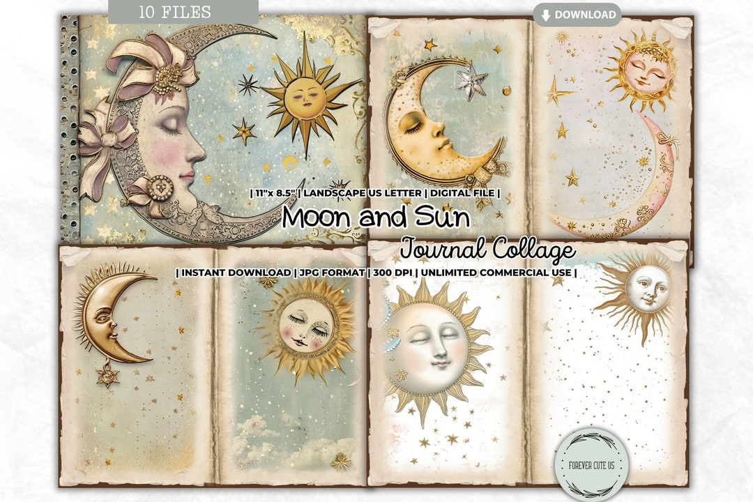 Moon and Sun Junk Journal Collage Page, Galaxy, Goddess, Moonlight ...