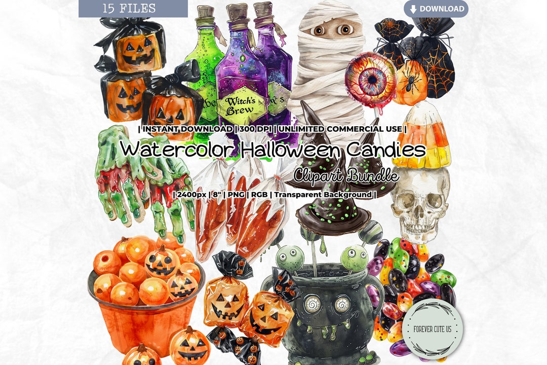Watercolor Halloween Candies Clipart, Trick or Treat, Candy Corn ...