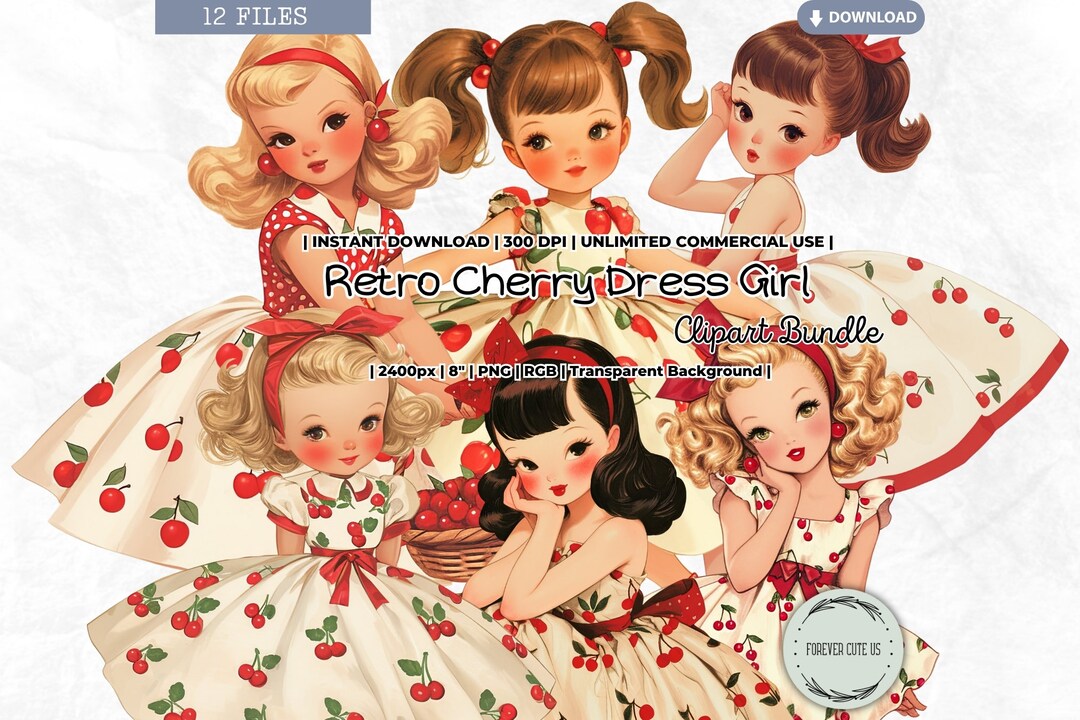 Retro Cherry Dress Girl Clipart Set, Fruit, Vintage, Cute, Kawaii ...