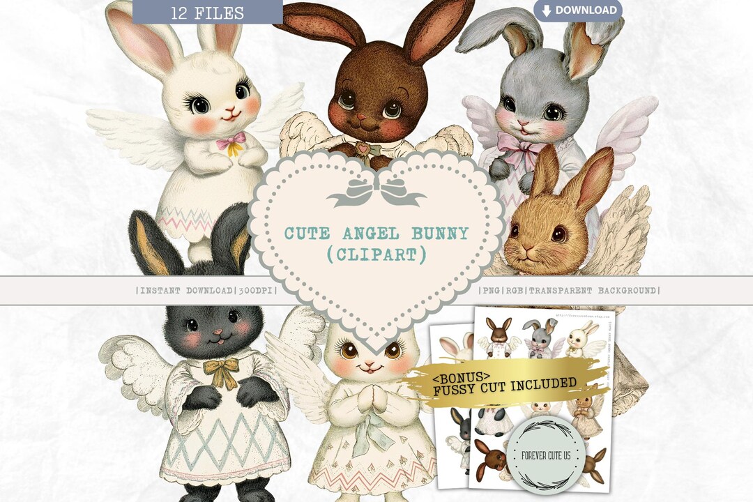 Cute Angel Bunny Clipart Bundle PNG, Vintage Style Easter Rabbits With ...