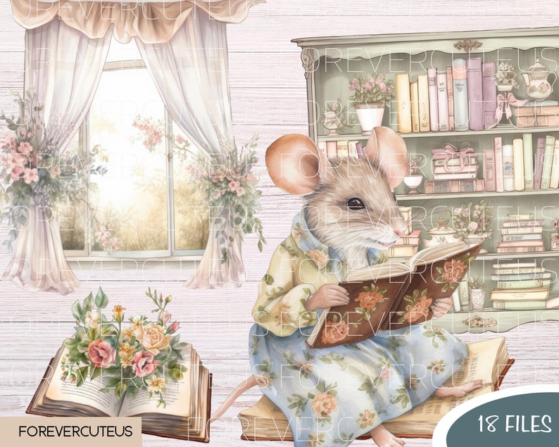 Cottagecore Bookworm Girl Clipart, Bookworm Reading Watercolor Clipart ...