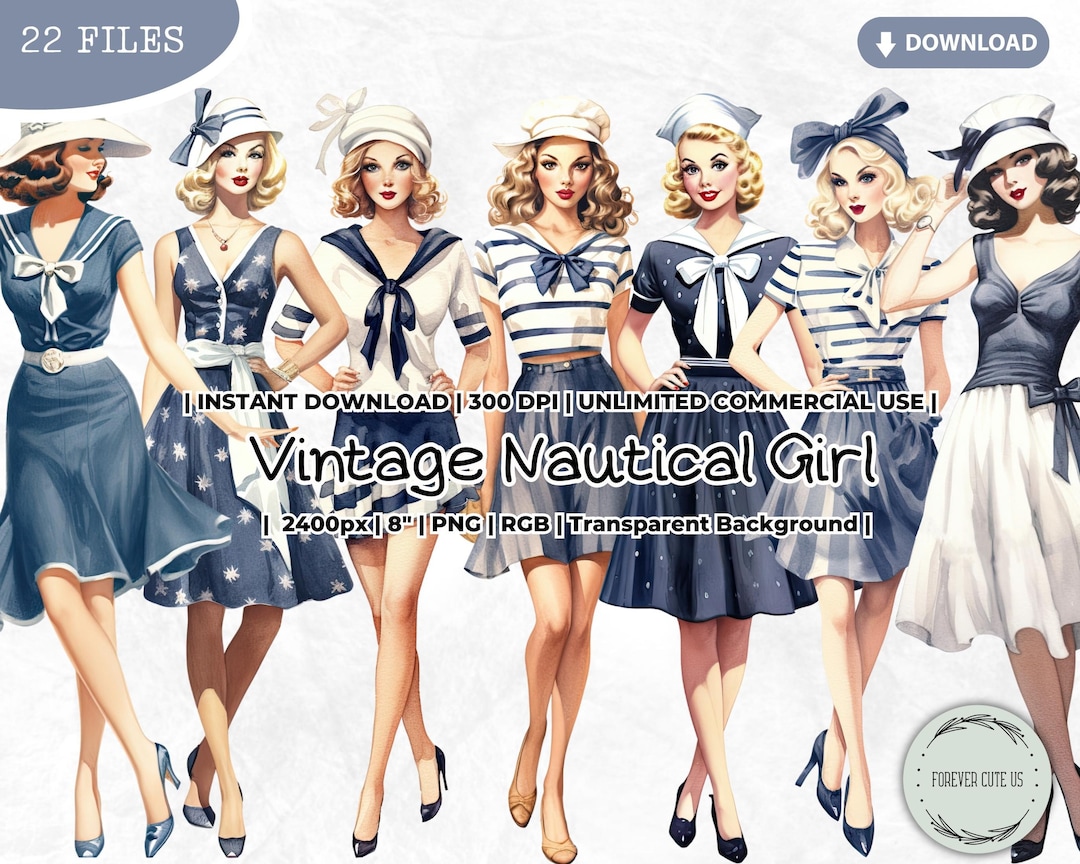 Vintage Nautical Girl Clipart Bundle, Retro, Anchor, Summer, Stripe ...