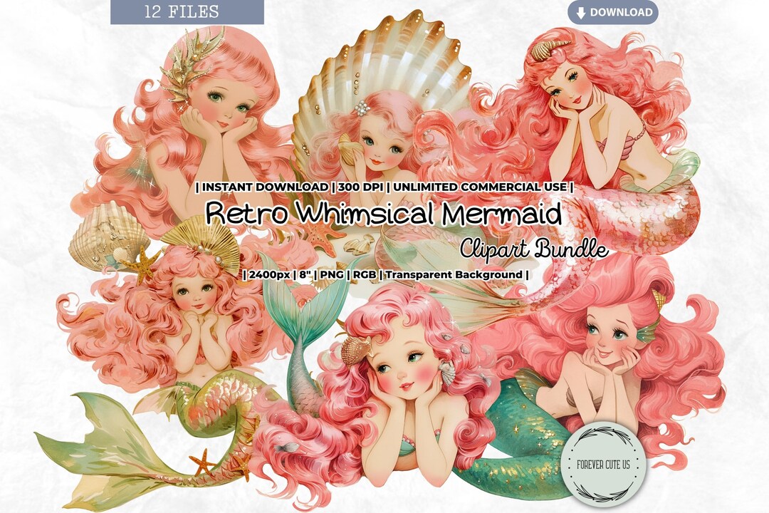 Retro Whimsical Mermaid Clipart Bundle, Ocean, Under the Sea ...