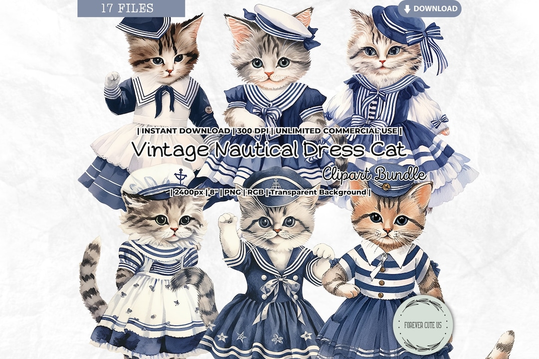 Vintage Nautical Dress Cat Clipart, Retro, Victorian, Kitten, Captain ...